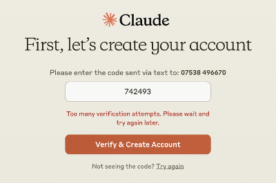 注册错误Claude Error sending code Double check your phone number Too many ...